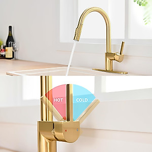 FROPO Gold Kitchen Faucet with Pull Down Sprayer - Modern Single Handle Pull Down Kitchen Sink Faucet with Deck Plate | Commercial Kitchen Faucet for 1 & 3 Hole Stainless Steel Brushed Gold