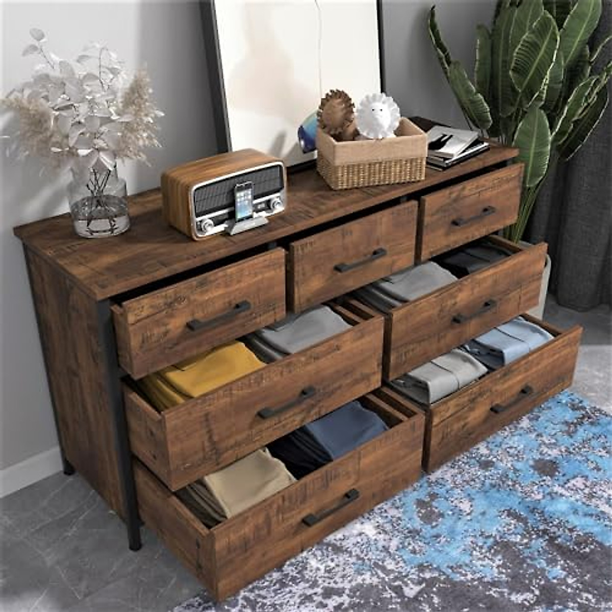 IKENO 7 Drawer Dresser for Bedroom, Industrial Wood Storage Dressers & Chests of Drawers with Sturdy Steel Frame, Storage Organizer for Bedroom Office Wood, Walnut