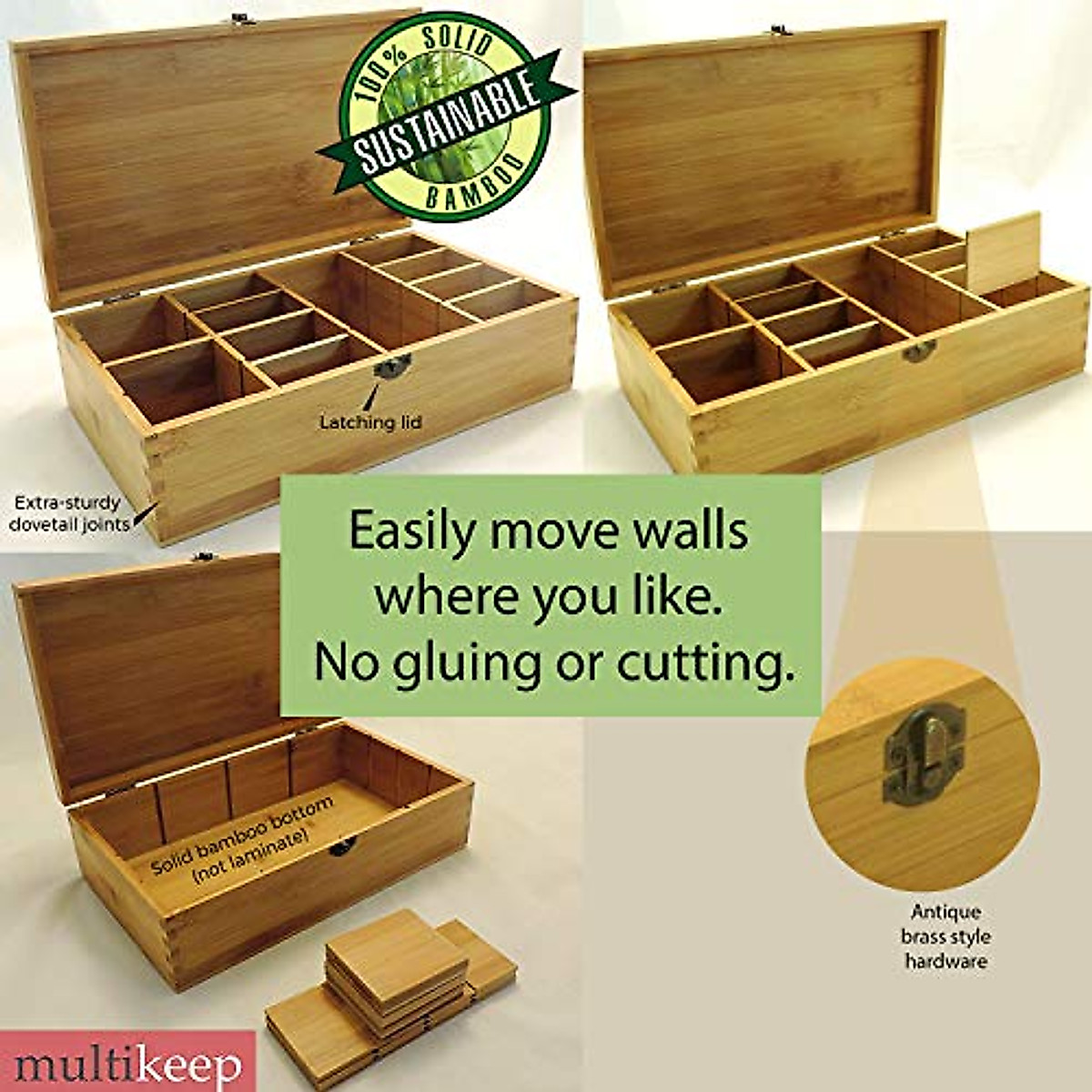 cookbook people Multikeep Adjustable Tea Box 128 Tea Bag Storage Organizer Bamboo Latching Lid (Blank Lid)