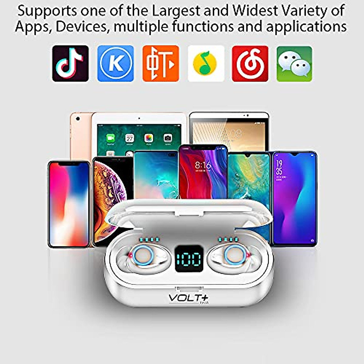 Volt Plus TECH Wireless V5.0 Bluetooth Earbuds Compatible with Samsung Galaxy J7 Prime T-Mobile LED Display, Mic 8D Bass IPX7 Waterproof/Sweatproof (White)
