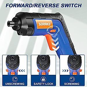 Cordless Screwdriver 4V, SORAKO Small Electric Screwdriver, Power Screwdriver Rechargeable with led right, 6Nm Screw Gun, 10 PCS Screwdriver Kit for Home DIY