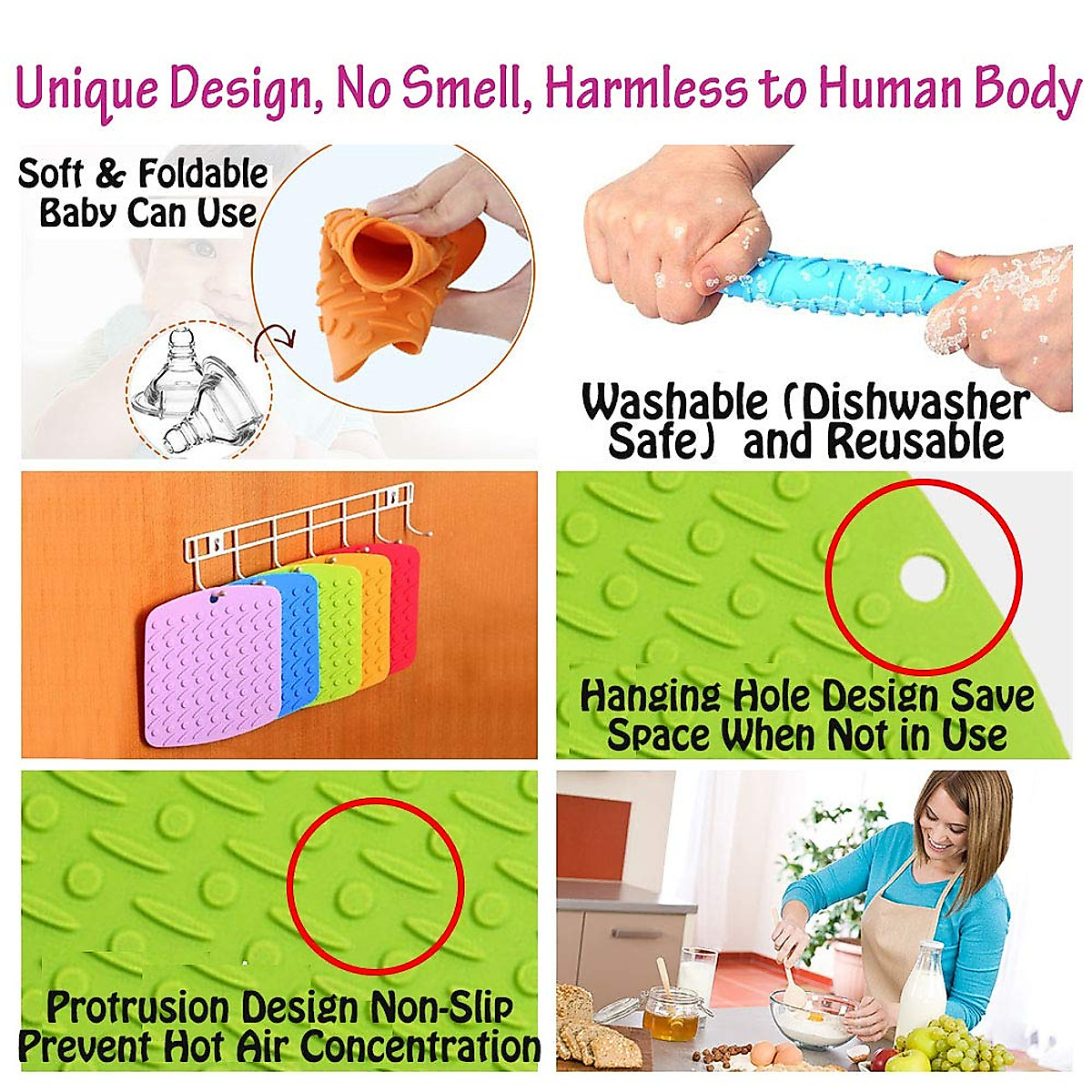 Potholder, Pot TrivetSilicone Pot Holders, Silicone Trivets, Pot Holders Heat Resistant, Hot Pad, Hot Bowl Holder, Jar Opener, Pot Spoon Holder, Non Slip, Dishwasher Available BPA Set of 6 (6.7x7in)