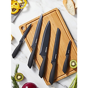 Knife Block Set, FOHERE 13 Pcs Self Sharpening Knife Set, High Carbon Stainless Steel BO Oxidation Knife Set with Anti-slip Handle, Dishwasher Safe, Matte Gray