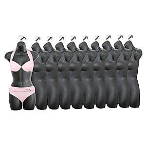 DisplayTown Black Female Mannequin Hip Long Hollow Back Body Torso Dress Form & Hanging Hook, S-M Sizes (10 Pack)