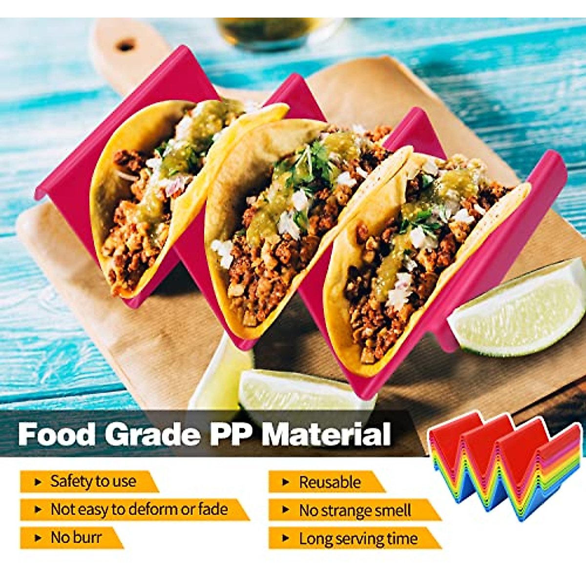 Taco Holder Set, 12 Pack/24 Pack Large Colorful Taco Tray, Taco Stand Each Can Hold 2 or 3 Tacos, Food Grade PP Material, Taco Tray Holder, Tacos Holder for Party, Dishwasher and Microwave(12 Pack)