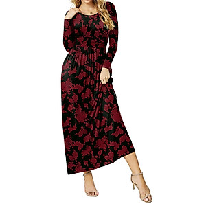 CATHY Women's Empire Waist Bodycon Maxi Dress Crewneck Casual Long Dresses with Pockets, S, 01 Red Flowers