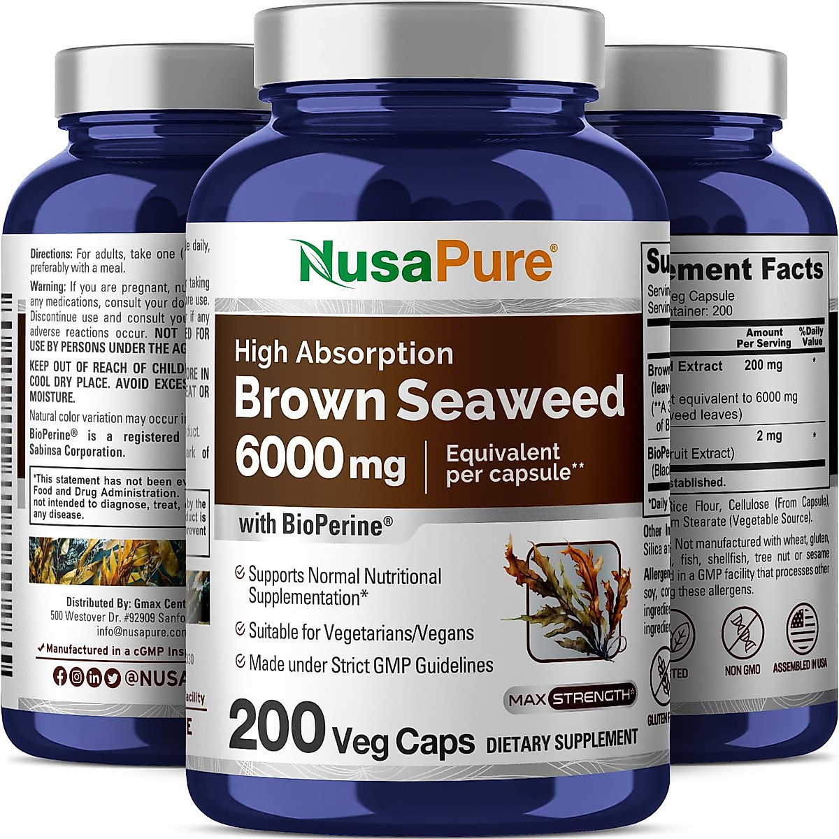 NusaPure Brown Seaweed Extract 6,000 mg - 200 Veggie Capsules - Fucoxanthin (Vegan, Bioperine, Non-GMO, Vegan)