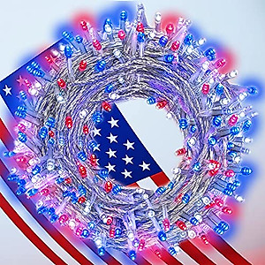 YAOZHOU 4th of July Decorations Patriotic Lights-Red White and Blue String Lights Indoor, 200LED 66FT Outdoor, 8 Modes for Christmas, Independence Day, Bedroom, Garden, Patio, Yard