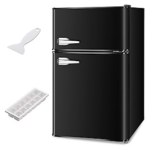 LHRIVER 3.1 Cu Ft Mini Fridge with Freezer - 2 Door Compact Refrigerators with Refrigerators Thermostat, Retro Mini Fridgefor Bedroom, Office, Stainless Steel Black
