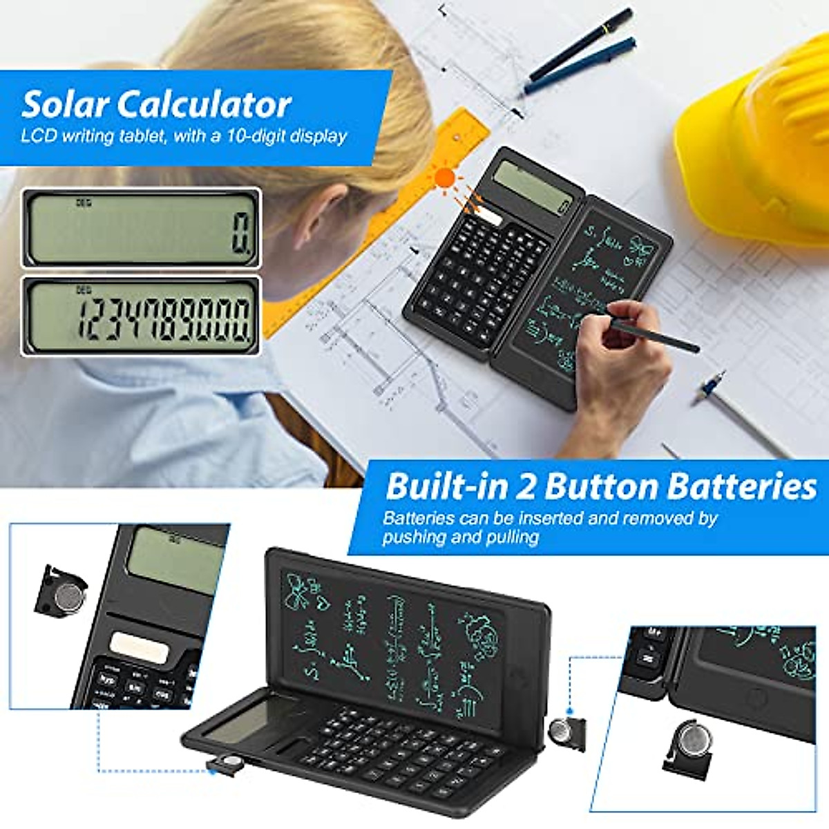 Scientific Calculators with Erasable Writing Tablet, HUIJUTCHEN Foldable 10 Digit Desk Calculator, Solar and Battery Powered, Back to School Supplies for Middle School, High School & College Students