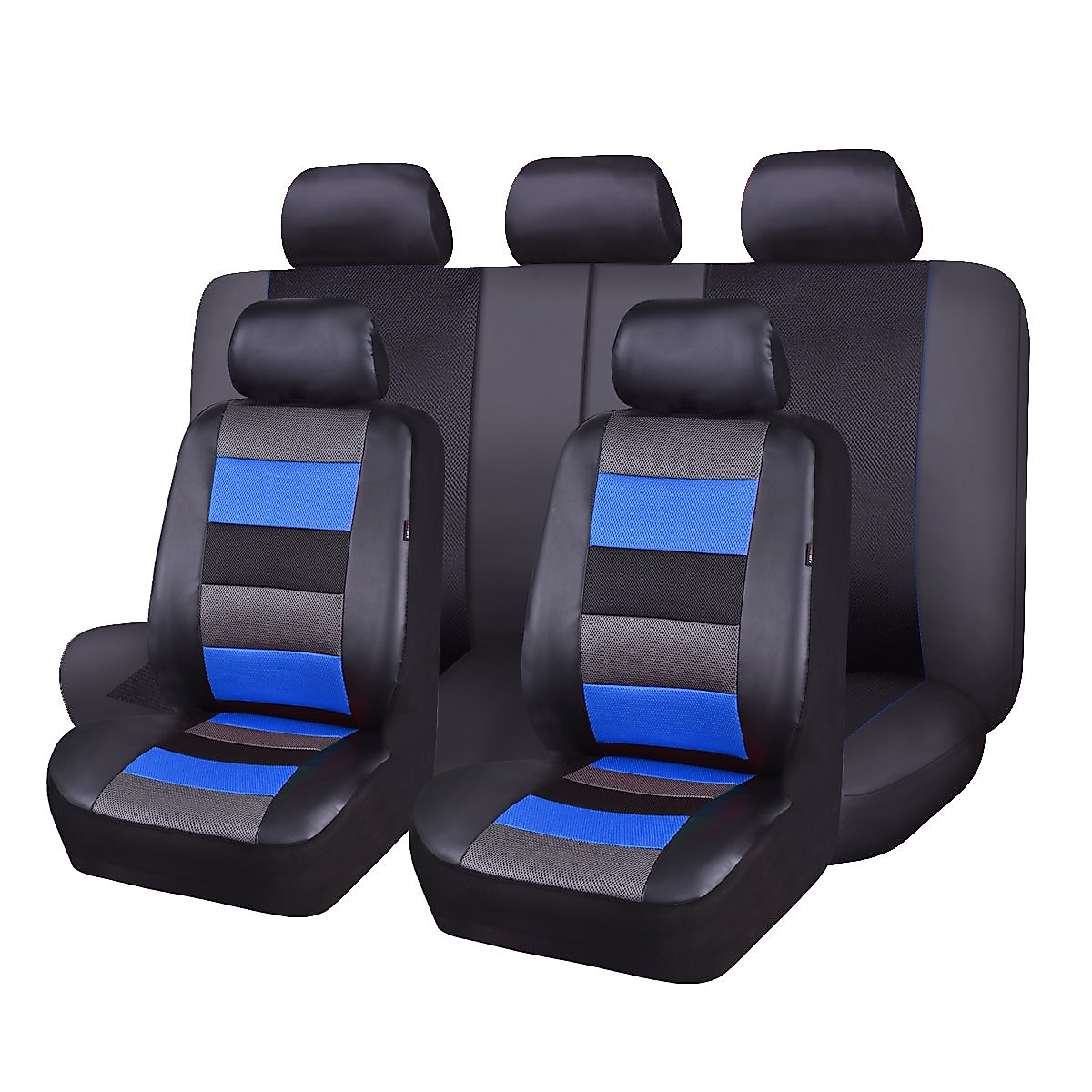 Flying Banner Car Seat Covers Full Set Front Seats and Rear Bench Black Leather and Red Fabric Mesh Cover Breathable Black with Blue Color (Blue)