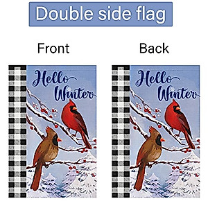 Hello Winter Garden Flag 12x18 Double Sided, Burlap Farmhouse Buffalo Plaid Small Cardinal Snow Garden Yard Flags for Winter Seasonal Outside Outdoor House Holiday Decor (ONLY FLAG)
