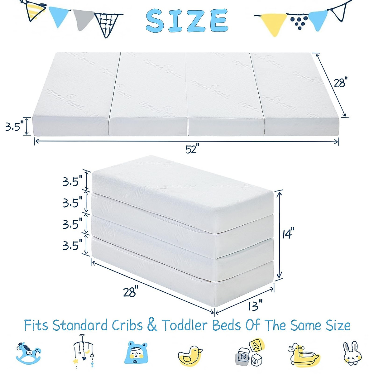 Hygge Hush Quartic-fold Baby Mattress, Soft Memory Foam Toddler Mattress, Waterproof Baby Mattresses for Toddler, Removable and Machine Washable Mattress Cover, 52"x28"x3.5"