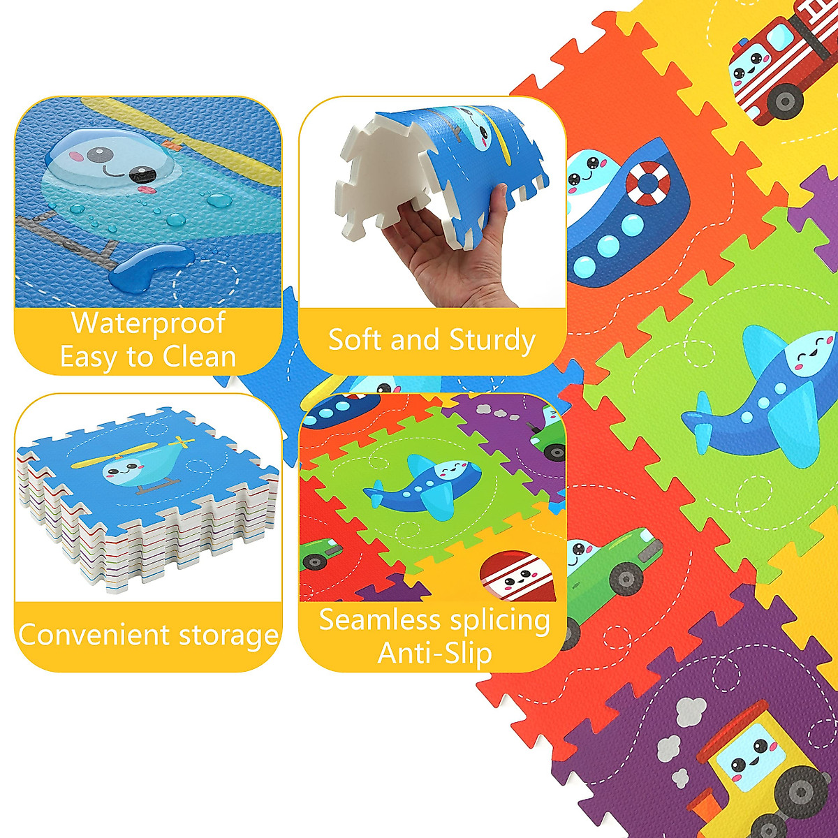 PLAY 10 Baby Play Mat, Foam Playmat for Babies, Kids Play Mat, Foam Floor Tiles 34×34 9 Pieces Vehicle Puzzle Mat