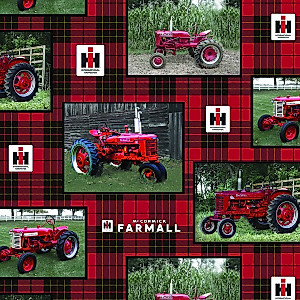 SYKEL ENTERPRISES Farmall Tractor Plaid Allover Cotton Fabric-International Harvester Farmall Tractor Cotton Fabric Sold by The Yard