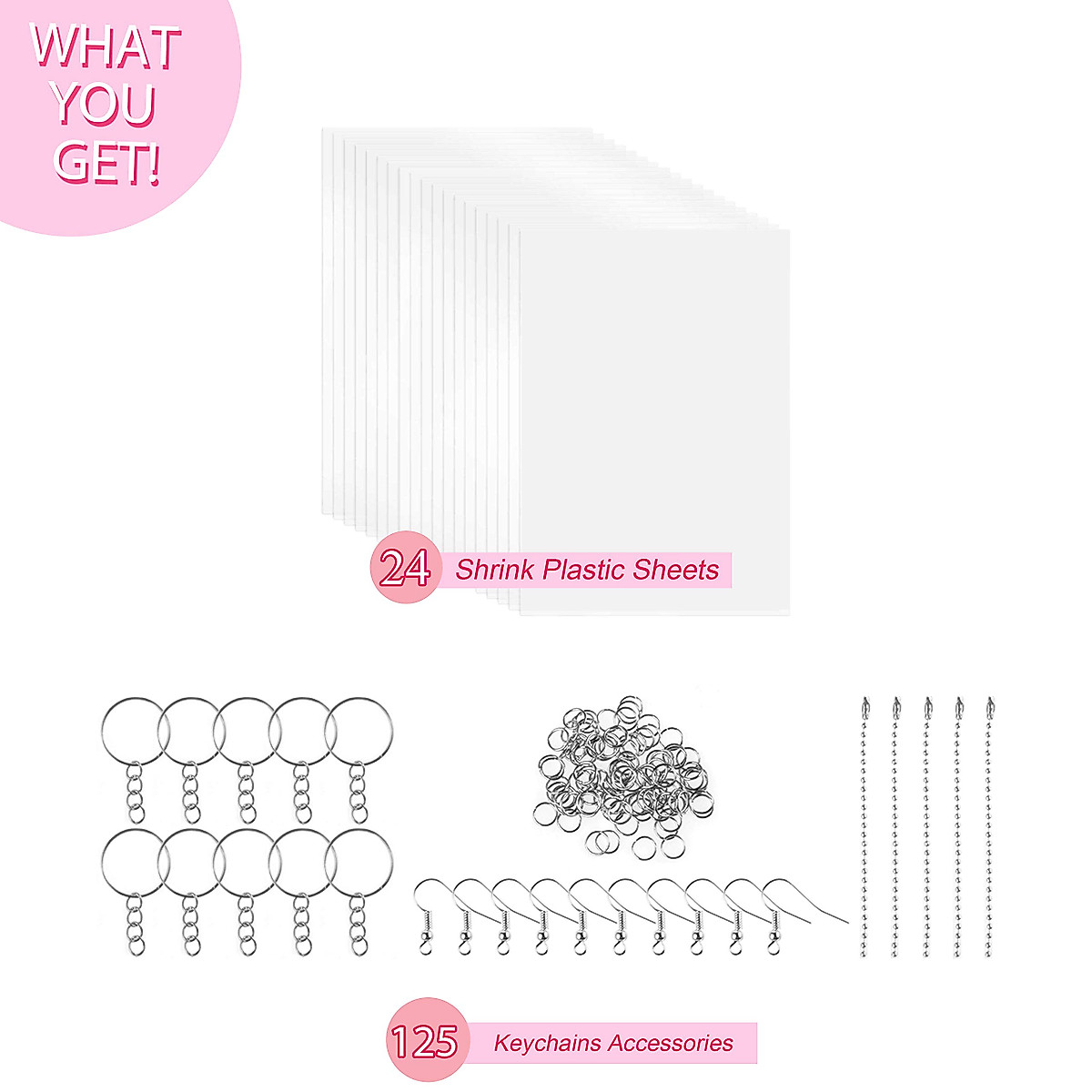 Warckon 149 Pieces Shrink Plastic Sheet Kit Include 24 PCS Shrinky Art Paper with 125 PCS Keychains Accessories for Kids Creative Craft