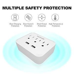 USB Wall Charger Surge Protector, 3 Outlet Extender with 2 USB Ports Outlet Adapter,Multi Plug Outlet Splitter for Travel, Home Office Accessories(White)