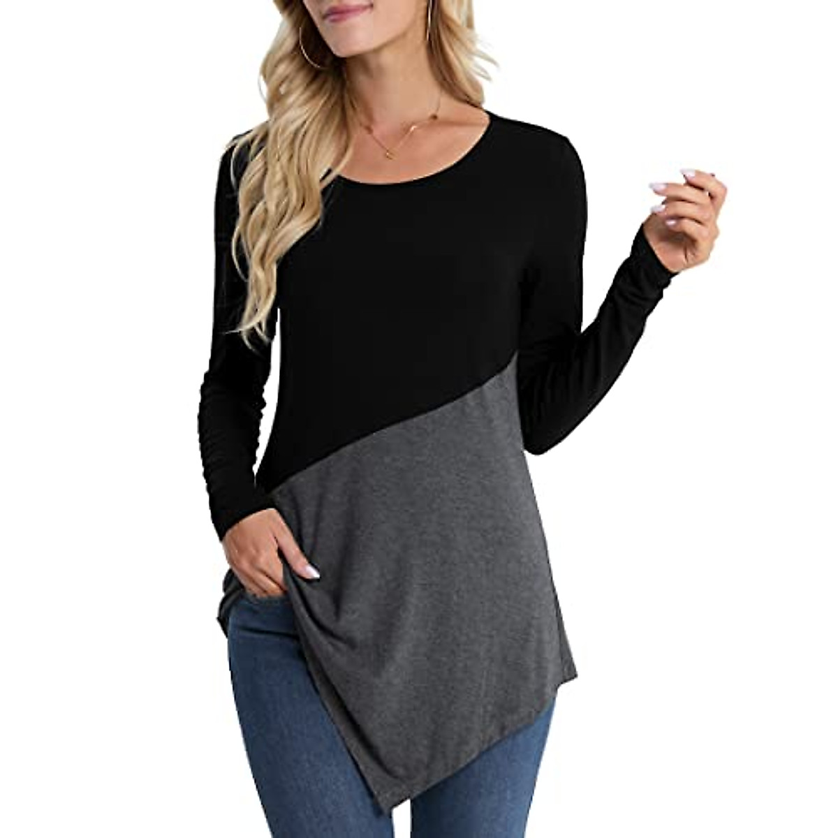 DJT Women's Long Sleeve Tunic Shirts Scoop Neck Hanky Hem Color Block Stretch Casual Fall T Shirt Tops XL Black Heather Grey
