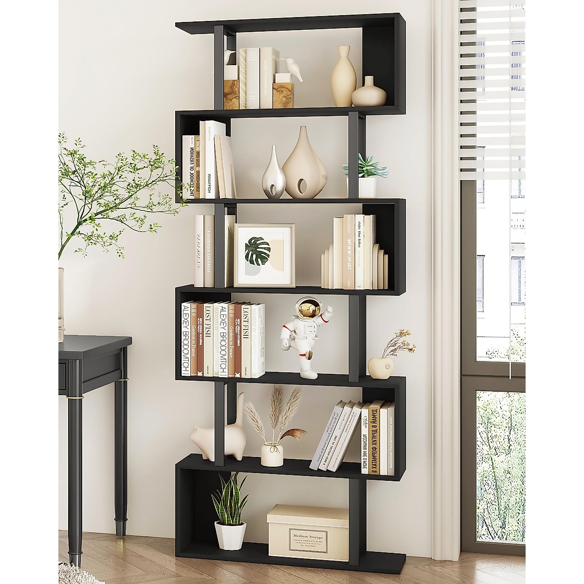 Yusong S Shaped Bookshelf, Modern Geometric Bookcase, 6-Tier Black Display Case Book Shelf
