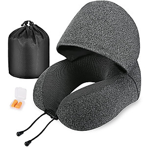 Cirorld Neck Pillow for Travel, Memory Foam Travel Pillow with Hood, Adult Airplane Pillow for Head Rest Neck Support, Portable Pillow for Office Cars Trains Long Flights Sleeping (Deep Grey)