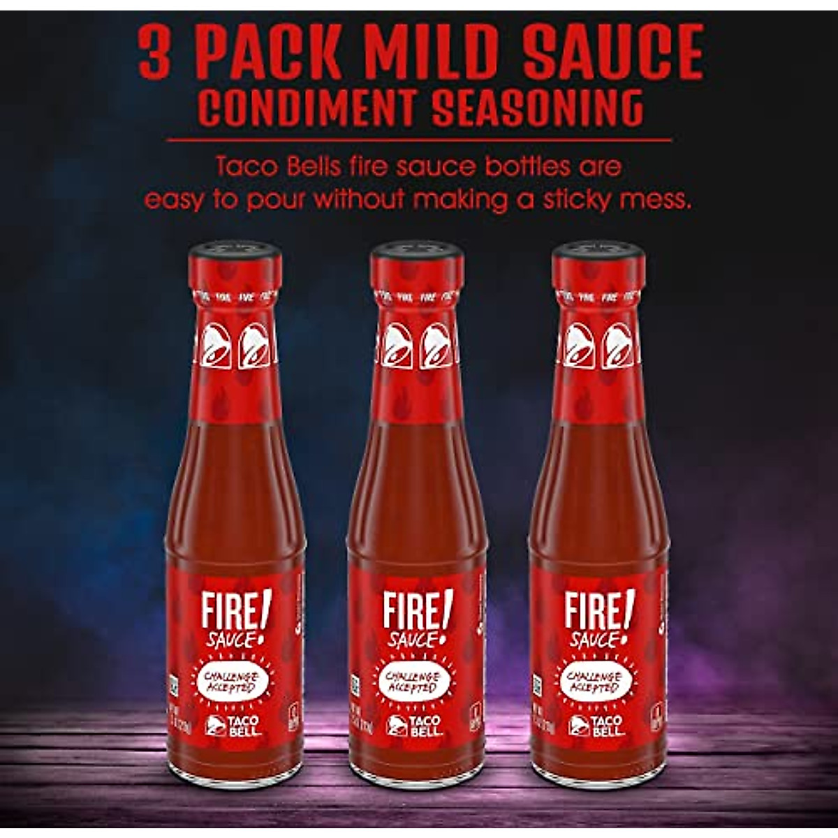 Taco Bill Fire Sauce Bottle, 3 Pack Taco Sauce Condiment Seasoning for Tacos Salad Chips Quesadilla Chicken Tex Mex Burritos and More, 7.5 Ounces Each with Nosh Pack Mints