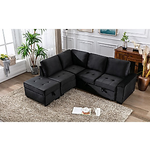 Bellemave Sectional Sleeper Sofa Pull Out Couch with Storage & USB Charging L Shaped Convertible Sofa Bed with Ottoman for Living Room Apartment, Black