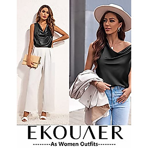 Ekouaer Women's Top and Long Pant Nightwear Cowl Neck 2 Piece Satin Silk Pajama Set Plus Size Black