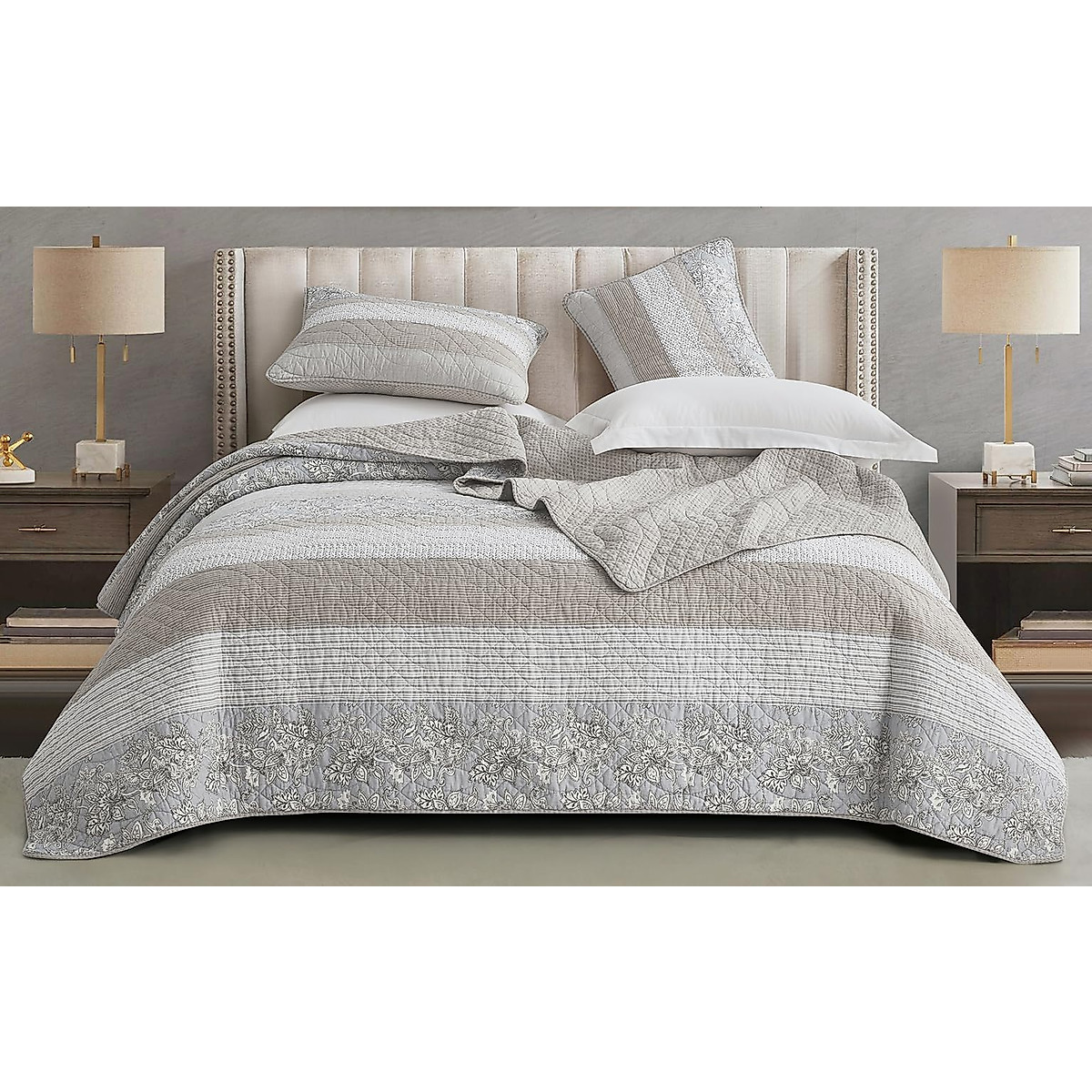 Chezmoi Collection Robyn 3-Piece Neutral Taupe Gray White Floral Hibiscus Flower Patchwork Striped Quilt Set - Pre-Washed Cotton Coverlet - Lightweight Reversible Bedspread, King Size