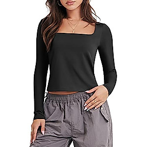 ANRABESS Crop Top for Women Long Sleeve Corset Workout Tees Basic T-Shirt Square Neck Fitted Sexy Going Out Shirt Tops Y2K Clothes 1040heise-M Black