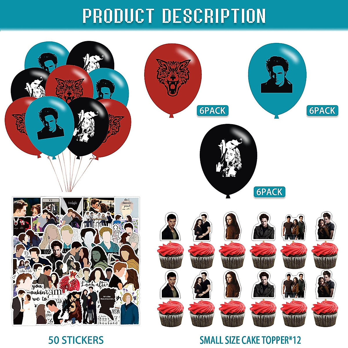The Twilight Saga Theme Birthday Party Decorations,The Twilight Saga Party Supply Set for Kids with 1 Happy Birthday Banner , 12 Cupcake Toppers,50 Stickers ,18 Balloons for Party Decorations