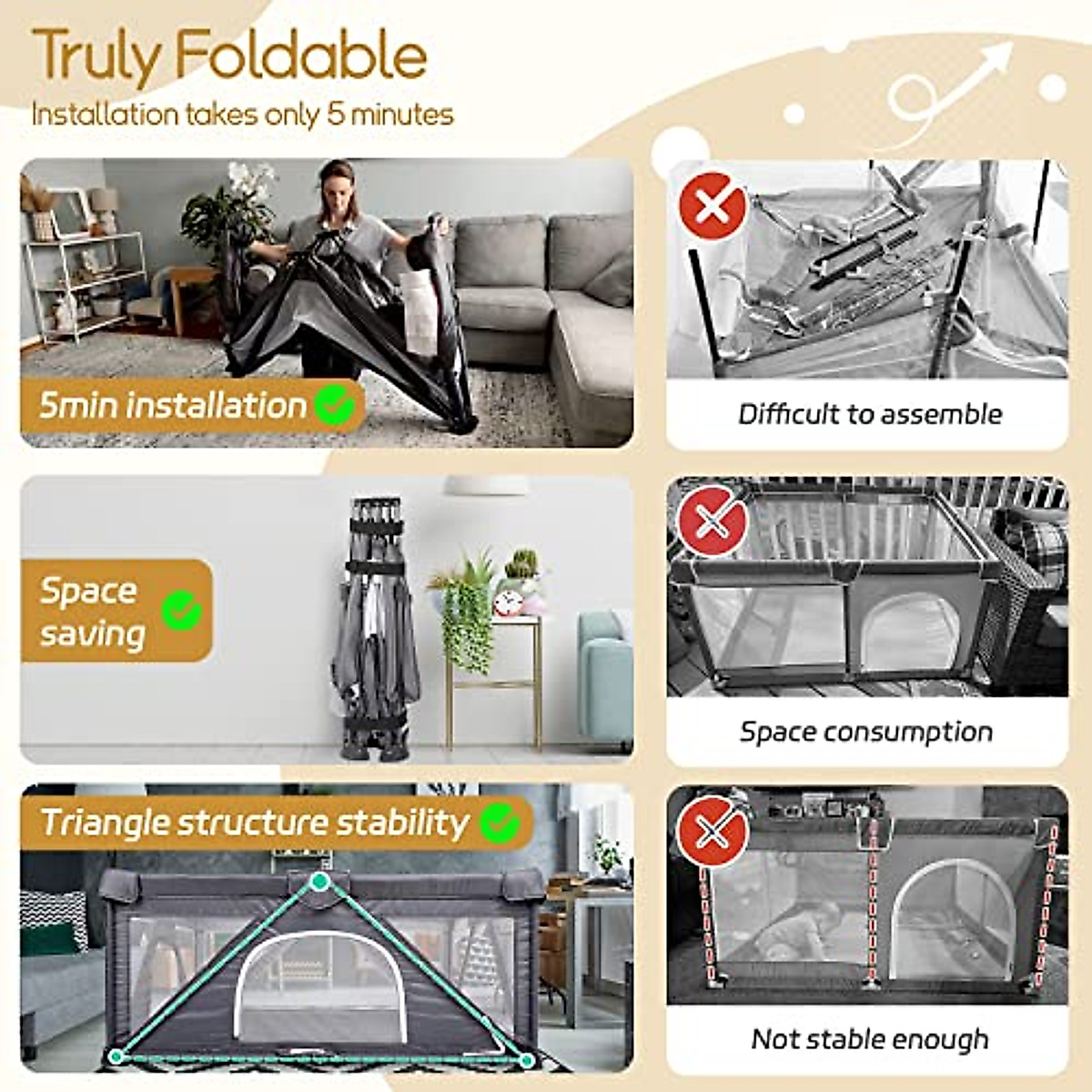 GENTEACO Baby Playpen 50"×50" Foldable Playpen for Babies and Toddlers Indoor & Outdoor Extra Large Play Pen Portable Baby Fence Play Yard Safety Kids Playpin (Darkgrey)