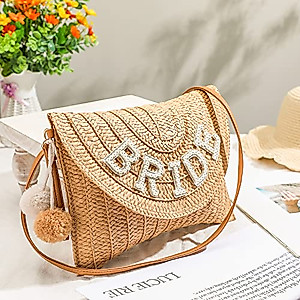 Pinkunn Bride Straw Shoulder Bag For Women Straw Clutch Bag Pearl Rhinestone Wedding Summer Beach Vacation Bridal Shower Gift (Bride Style)