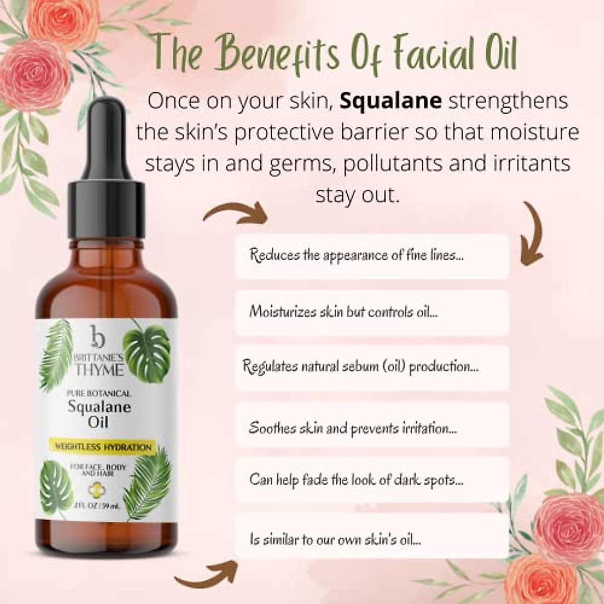 Brittanie's Thyme Squalane Skin Moisturizing Oil 2oz | 100% Plant Derived Squalane for Face, Skin & Hair | Luxurious Formula, Lightweight Formula for Hydration