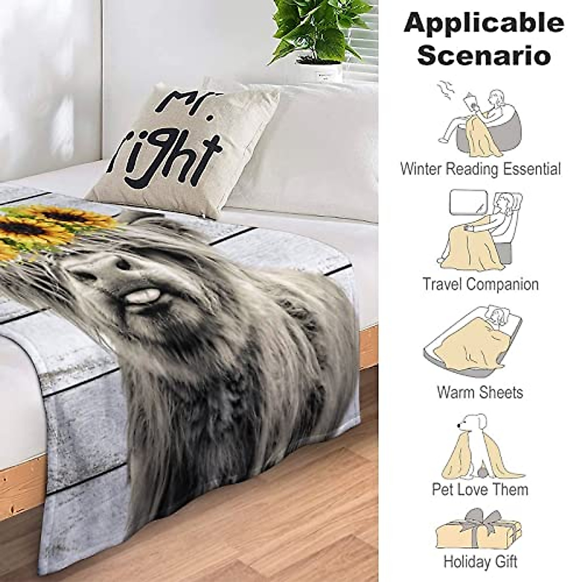 rumwall Highland Cow Blanket Sunflower Cow Flannel Throw Blanket for Living Room Couch Bed Sofa Kids Adults All Seasons 50"X40"