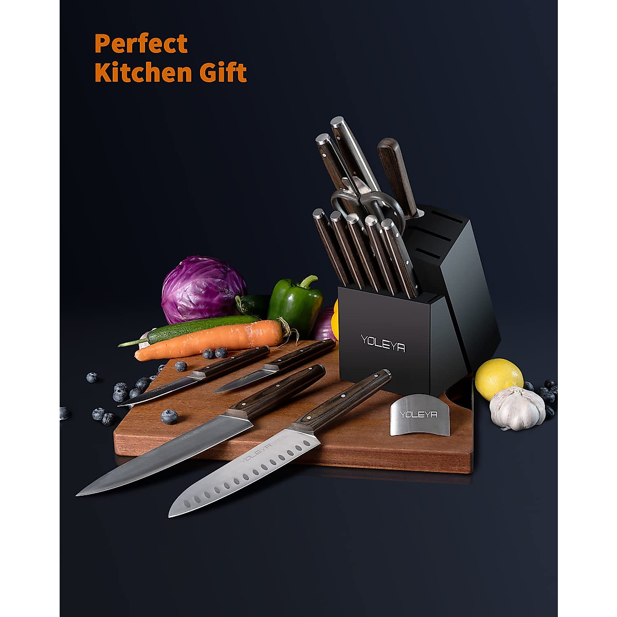 YOLEYA Kitchen Knife Set, 15PCS Chef Knife Sets for Kitchen with Block Wooden Triple Rivets German High Carbon Stainless Classic Style Full Tang