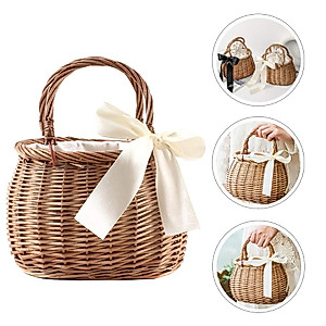 LIOOBO Rattan Woven Bag with Bow, Boho Style Beach Bag Flower Basket - Straw Bags Handle Wicker Baskets Handbags