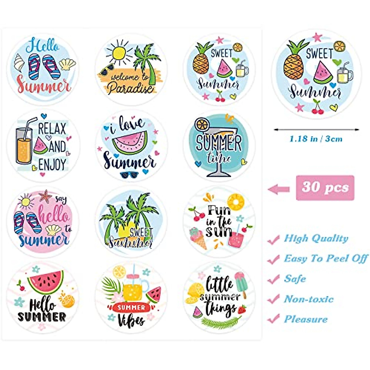 Lucleag 360PCS Summer Stickers for Kids, Individual Cute Hello Summer Beach Watermelon Beer Ice Cream Pineapple Stickers for Hawaii Tropical Party Decoration Summer Party Favor Candy Stickers
