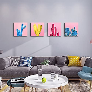 Creoate Pink Cactus Wall Art for Living Room Decor, 4 Panels Tropical Plant Picture Framed Canvas Print Artwork Set Wall Decor…