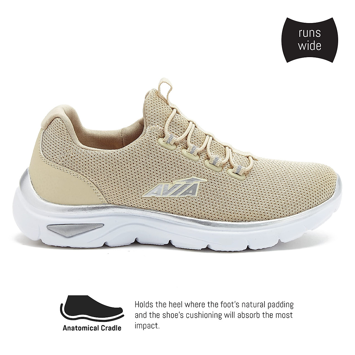 Avia Junction Women’s Slip On Sneakers - Comfortable, Breathable No Laces Shoes for Women with Memory Foam - Tan/Silver Grey, 6.5 Medium