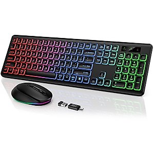 Wireless Keyboard and Mouse Backlit, Quiet Light Up Keys, Tilt Legs, Sleep Mode - Rechargeable USB Cordless Combo for Computer, iMac, PC, Laptop - by SABLUTE, Black