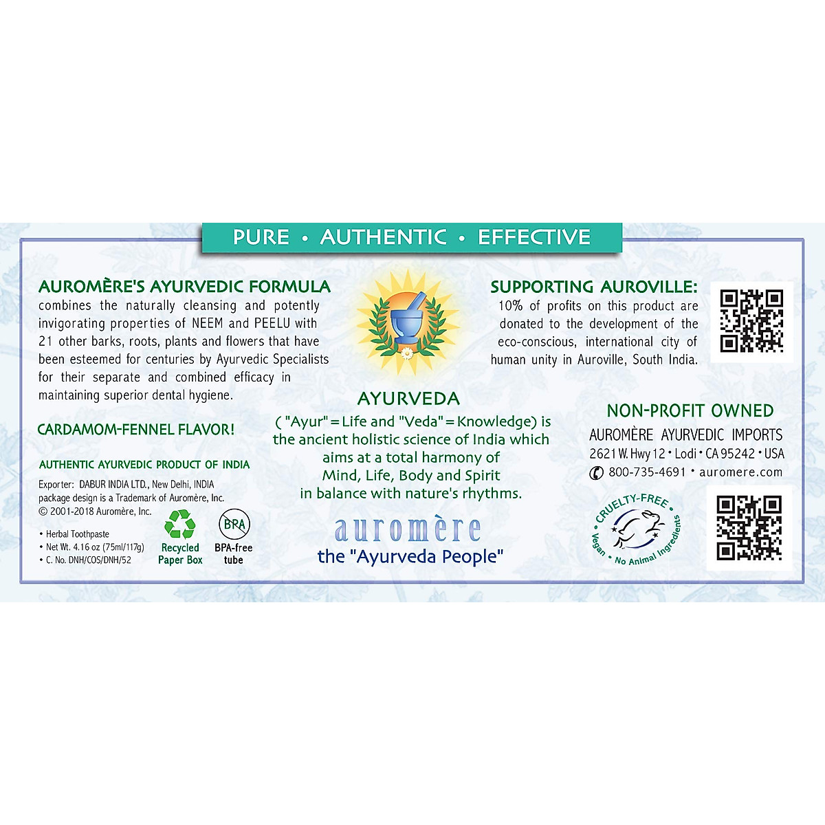 Auromere Ayurvedic Herbal Toothpaste, Cardamom Fennel, Foam Free - Vegan, Natural, Non GMO, SLS Free, Fluoride Free, Gluten Free, with Neem & Peelu (4.16 oz) (1 Pack)