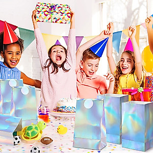 30 Pcs Iridescent Paper Gift Bag with Stickers Reusable Party Supplies Glitter Foil Holographic Paper Bag Candy Goodie Bag Gift Bags for Baby Shower Wedding Birthday Party Favors, 8.3 x 5 x 3 Inch