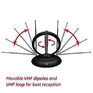 GE Cirular Loop Indoor HD Digital TV Antenna, Long Range Smart TV Antenna, Tiltable loop with 15in Dipoles, Supports 4K 1080P HD Smart TV VHF UHF, Passive Modern Rabbit Ear, 4ft Coax HDT Cable, 33694