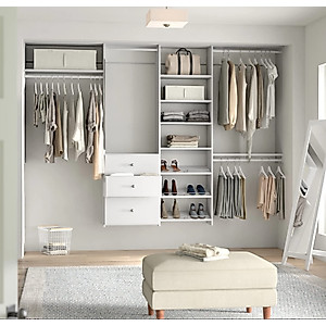 Dual Tower Closet Storage Wall Mounted Wardrobe Organizer Kit System with Shelves and Drawers for Bedroom in White with Hardware Wood Closet, Storage & Organization