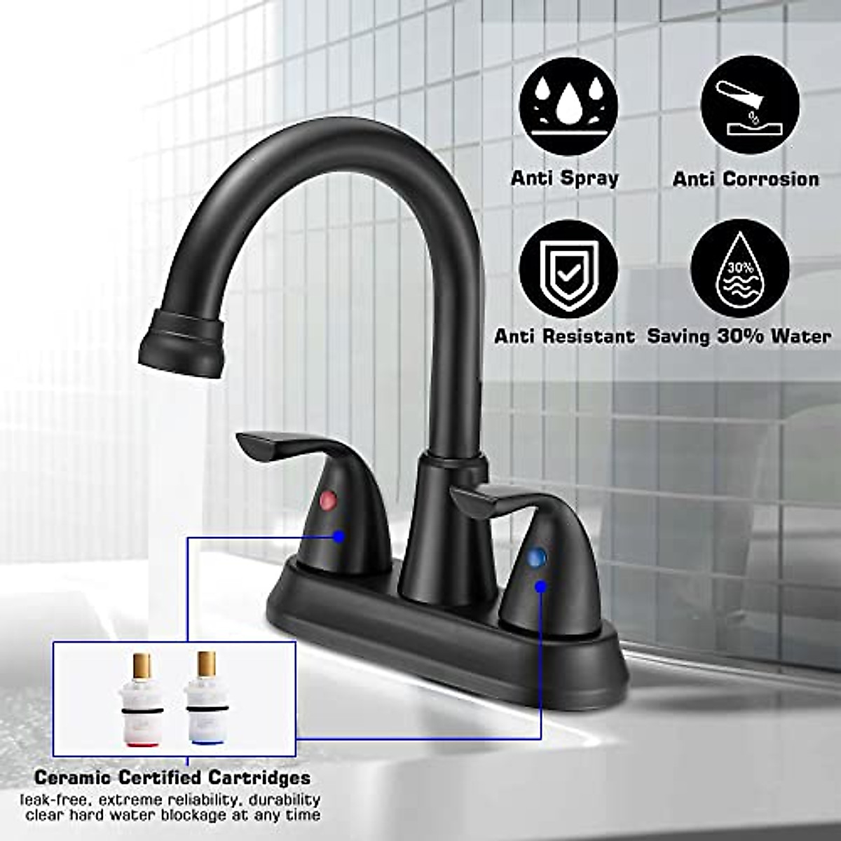Bathroom Faucets, Faucet for Bathroom Sink 4 Inch 2 Handle Centerset, Bathroom Sink Faucet 3 Hole, Lead-Free, Matte Black Faucets for Bath Vanity Fixtures (Not Include Hot & Cold Water Lines)