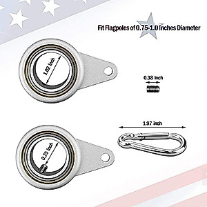 Loretoy Flagpole Ring Set with Bearings, Aluminum Alloy Flag Pole Rings, 360°Rotating Flag Mounting Ring, Spinning Flag Pole Clips Kit with Carabiner for 0.75-1.0 Inch Diameter Flagpole|Silver-2 Pack