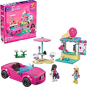Mega Barbie Car Building Toys Playset, Convertible & Ice Cream Stand with 225 Pieces, 2 Micro-Dolls and Accessories, Pink,
