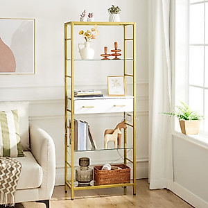 HOOBRO 5 Tier Bookcase with Charging Station, White and Gold Bookshelf with Drawer, Storage Shelves, Tempered Glass Bookshelf with Metal Frame, Open Display Shelves for Living Room, Gold DW65USJ01