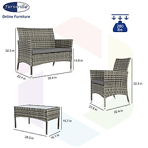 Furnivilla 4 Pieces Patio Furniture Sets Outdoor Furniture PE Wicker Patio Set Patio Conversation Set Balcony Furniture with Cushions and Table for Yard,Pool or Backyard(Grey-Grey)