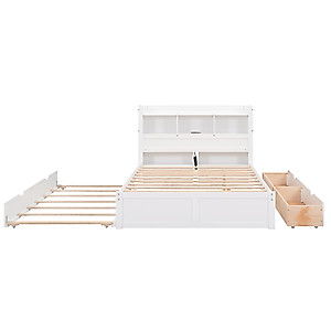 Full Storage Bed Frame with Twin Size Trundle,Bookcase Headboard and Charging Station,Wood Full Size Platform Bed with Pull Out Shelves and Drawers for Kids,Teens,Adults,Noise Free,White